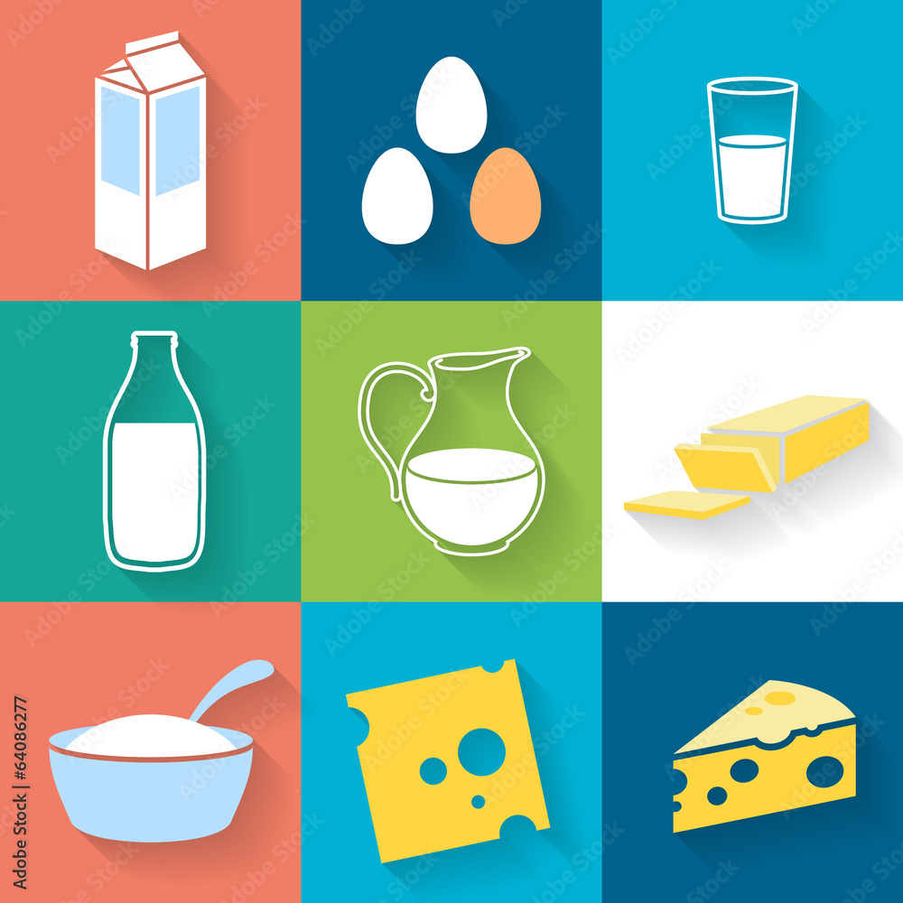 Dairy icons set - flat style. Stock Vector | Adobe Stock