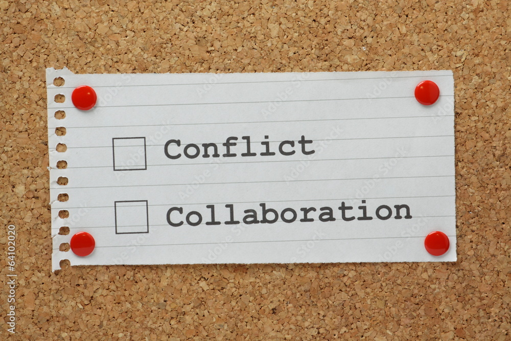 Conflict or Collaboration tick boxes on a cork notice board Stock Photo ...