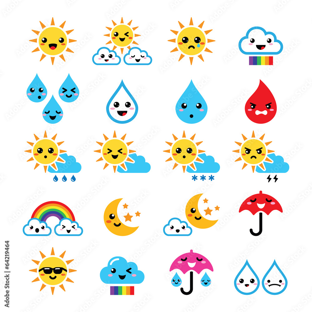 Cute sun, rainbow, moon, rain and cloud - Kawaii, Manga icons Stock ...