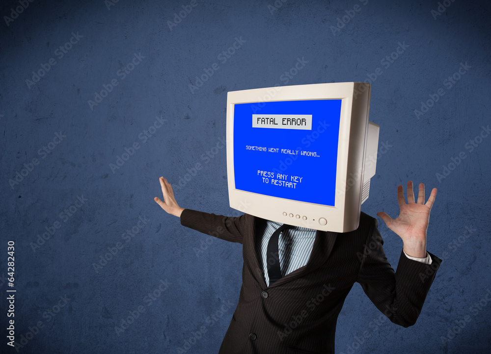 Foto de Person with a monitor head and fatal error blue screen on the ...