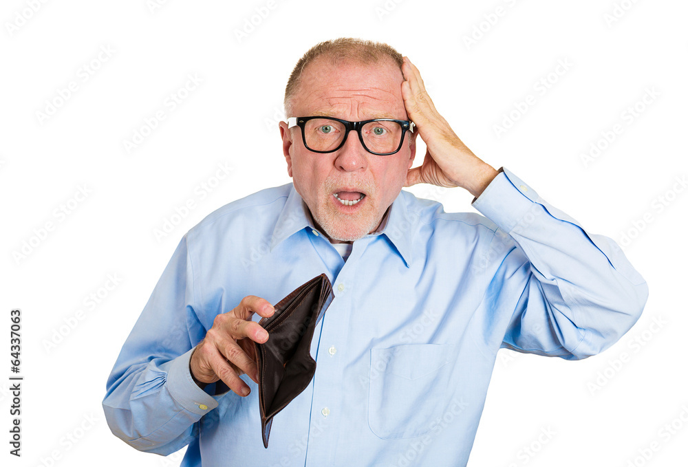 Sad, gloomy, surprised elderly man holding empty wallet Stock Photo ... Sad, gloomy, surprised elderly man holding empty wallet Stock Photo ...