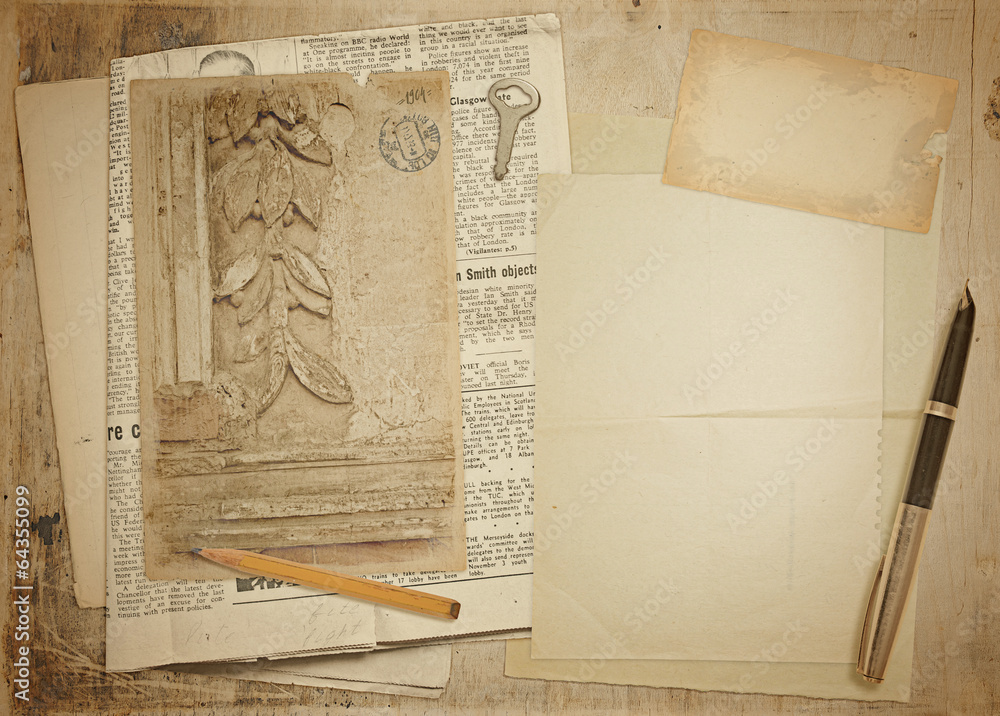 Vintage background with old newspaper, card and sheets of paper Stock ...
