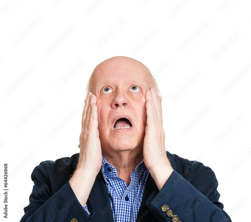 Why me? defeated old man looking up, on white background Stock Photo ...