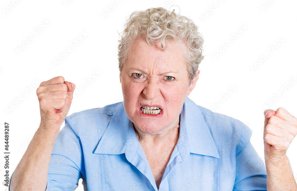 Angry yelling, elderly, senior woman, upset with someone Stock-Foto ...