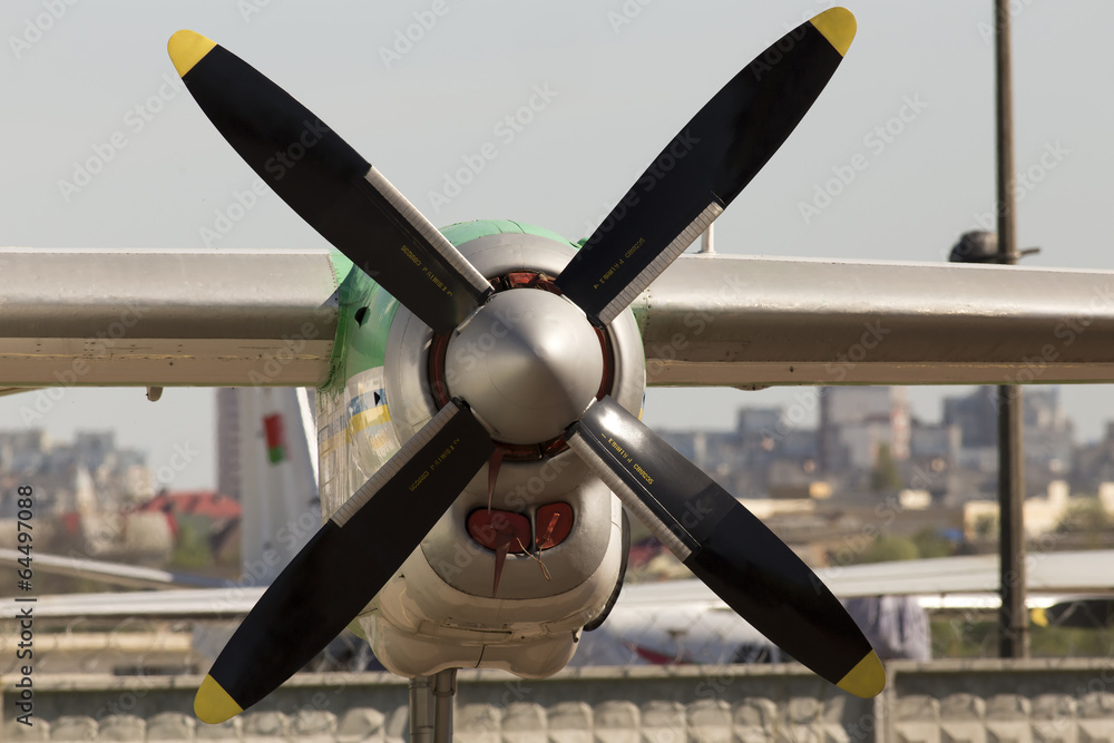 Front view aircraft turboprop engine with propeller, close-up Stock ...