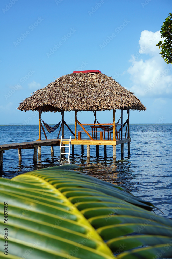 Tropical hut over water with thatched roof Stock Photo | Adobe Stock