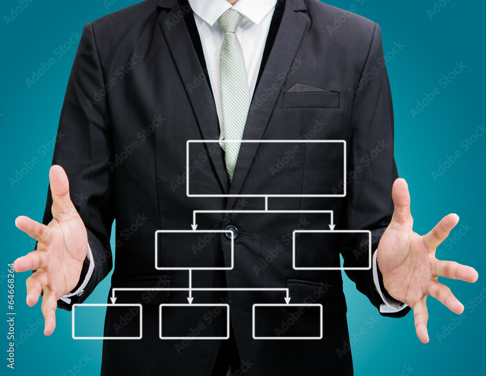 Businessman standing posture hand holding strategy flowchart iso foto ...