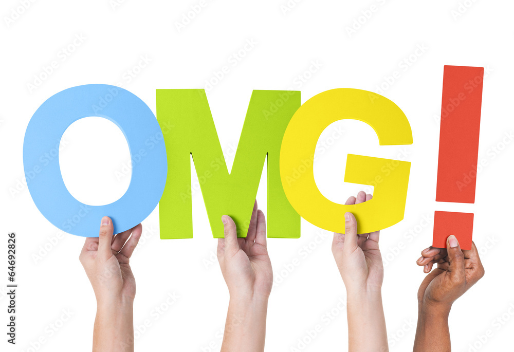 Multiethnic Hands Holding OMG with Exclamation Point Stock Photo ...