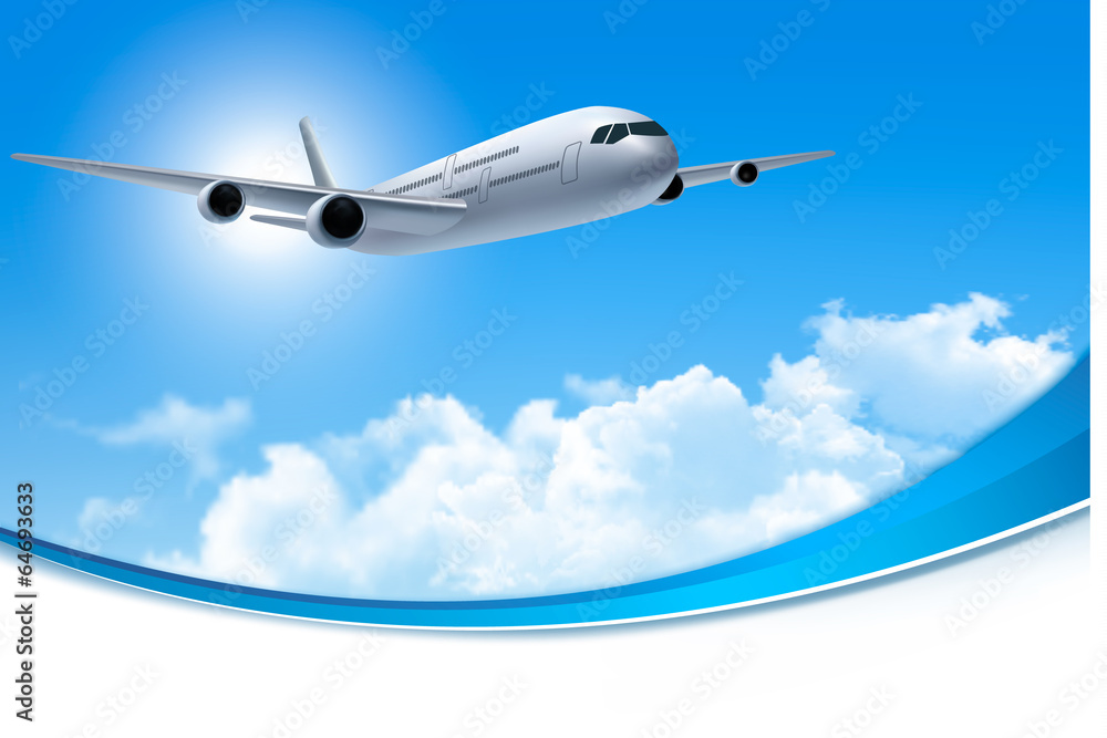 Travel background with an airplane and white clouds. Vector. Stock ...