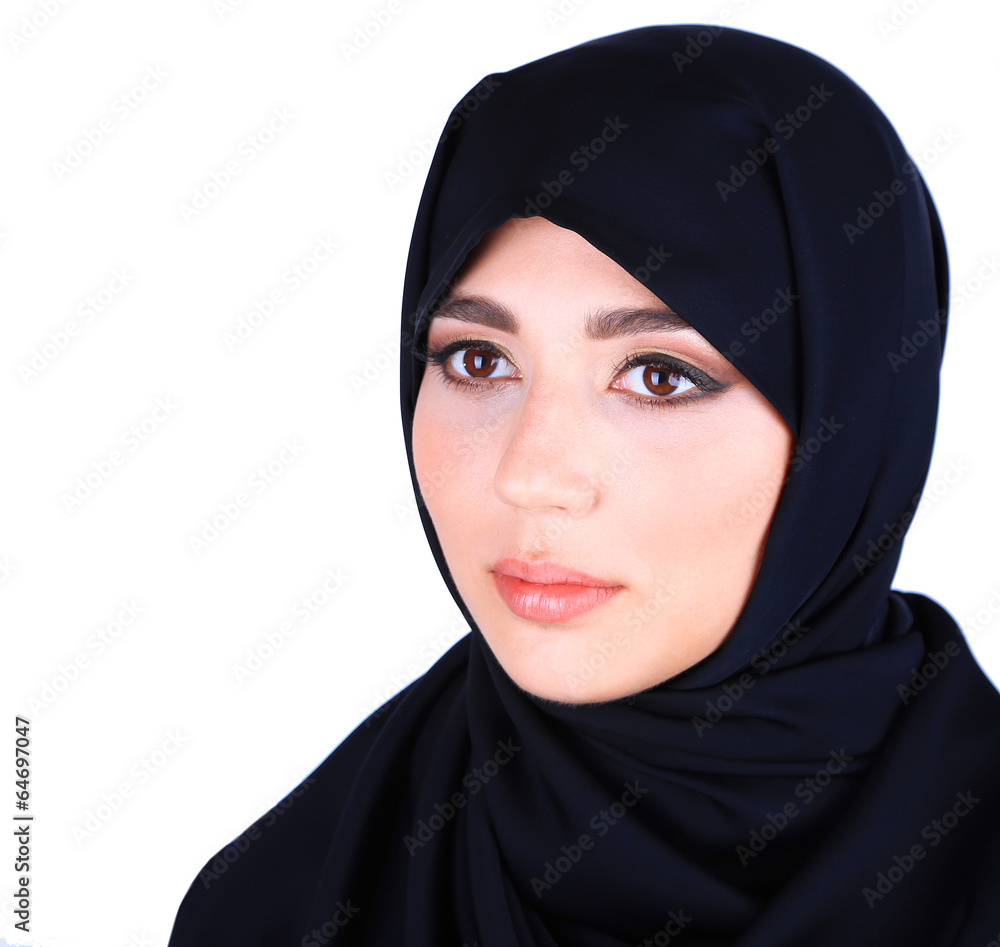 Beautiful muslim arabic woman on grey background Stock Photo | Adobe Stock