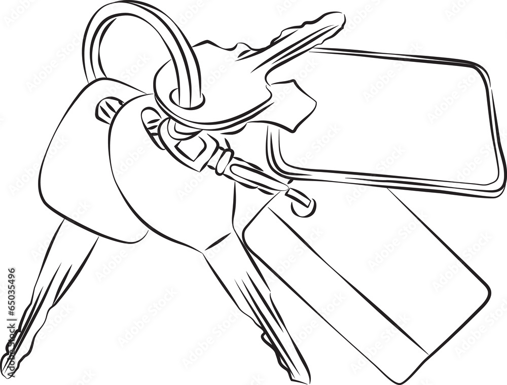 Sketched line drawing of a set of keys on a keyring or keychain Stock ...