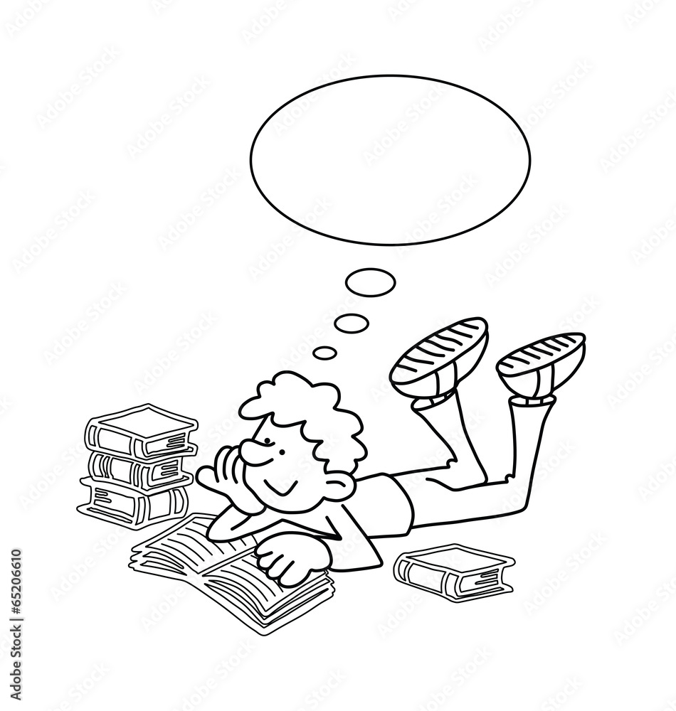 Monochrome outline cartoon boy reading Stock Vector | Adobe Stock