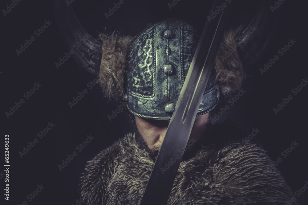 Conflict, Viking warrior with a huge sword and helmet with horns Stock ...