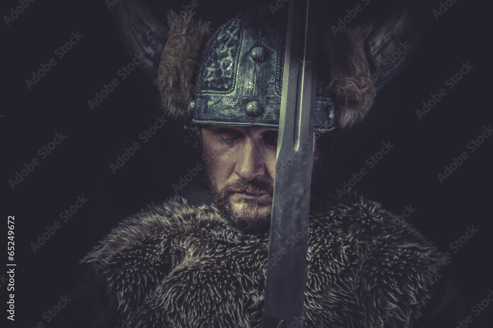 Warning, Viking warrior with a huge sword and helmet with horns Stock ...