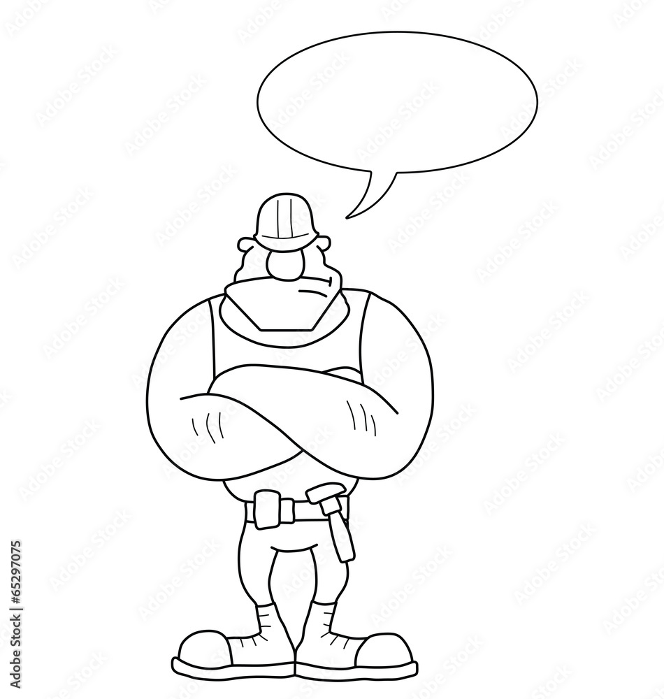 Monochrome outline cartoon construction worker Stock Vector | Adobe Stock