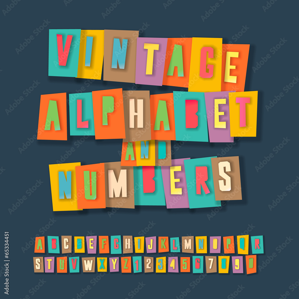 Vintage alphabet and numbers, collage paper craft design Stock Vector ...