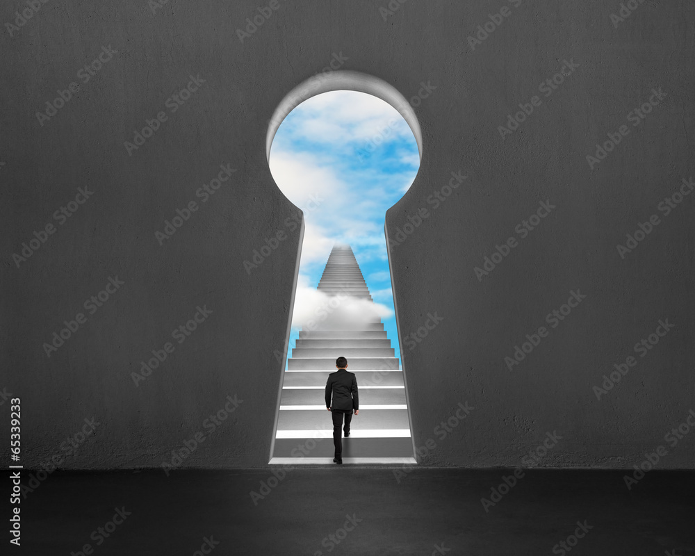 Climbing on stairs with key shape hole and blue sky Stock Photo | Adobe ...