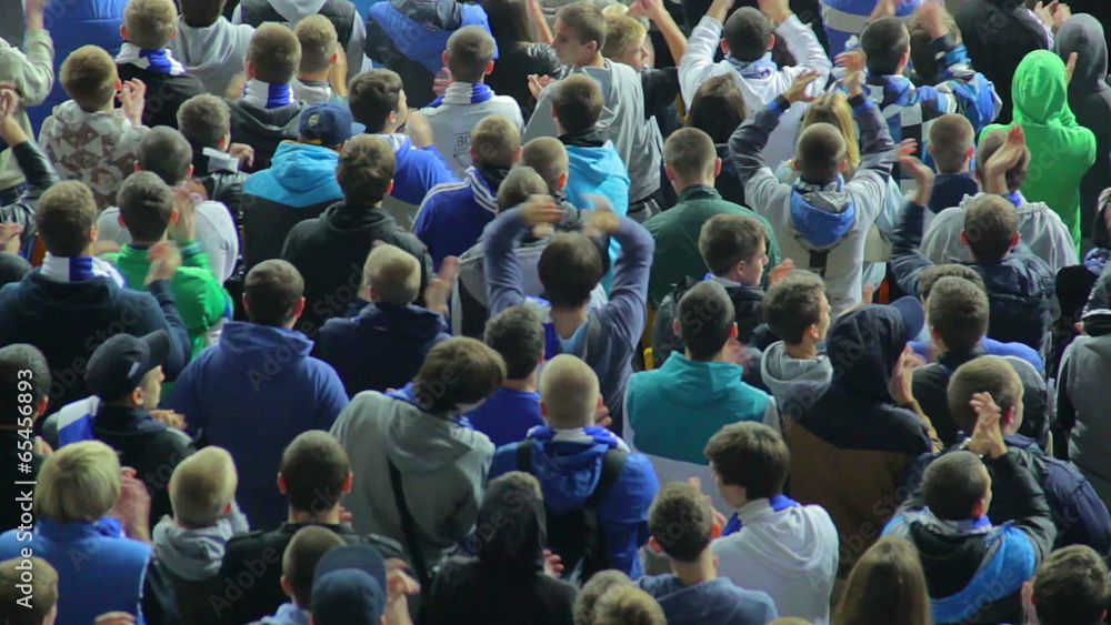 Clapping supporters in fan sector shout, football team playing Stock ...