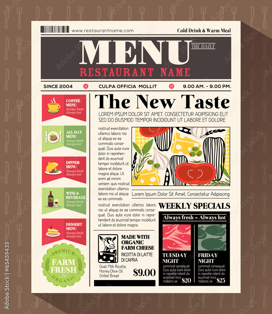 Restaurant Menu Design Template in Newspaper style Stock Vector | Adobe ...