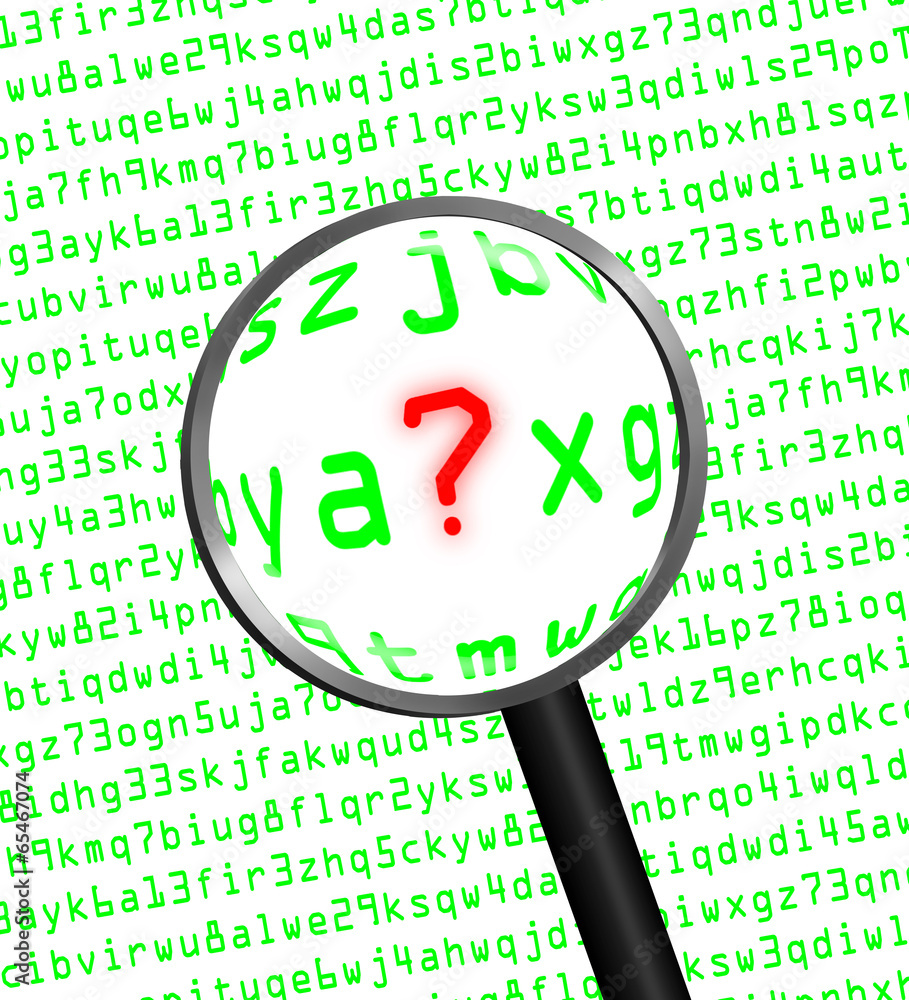 Question Mark revealed in computer code through a magnifying gla Stock ...