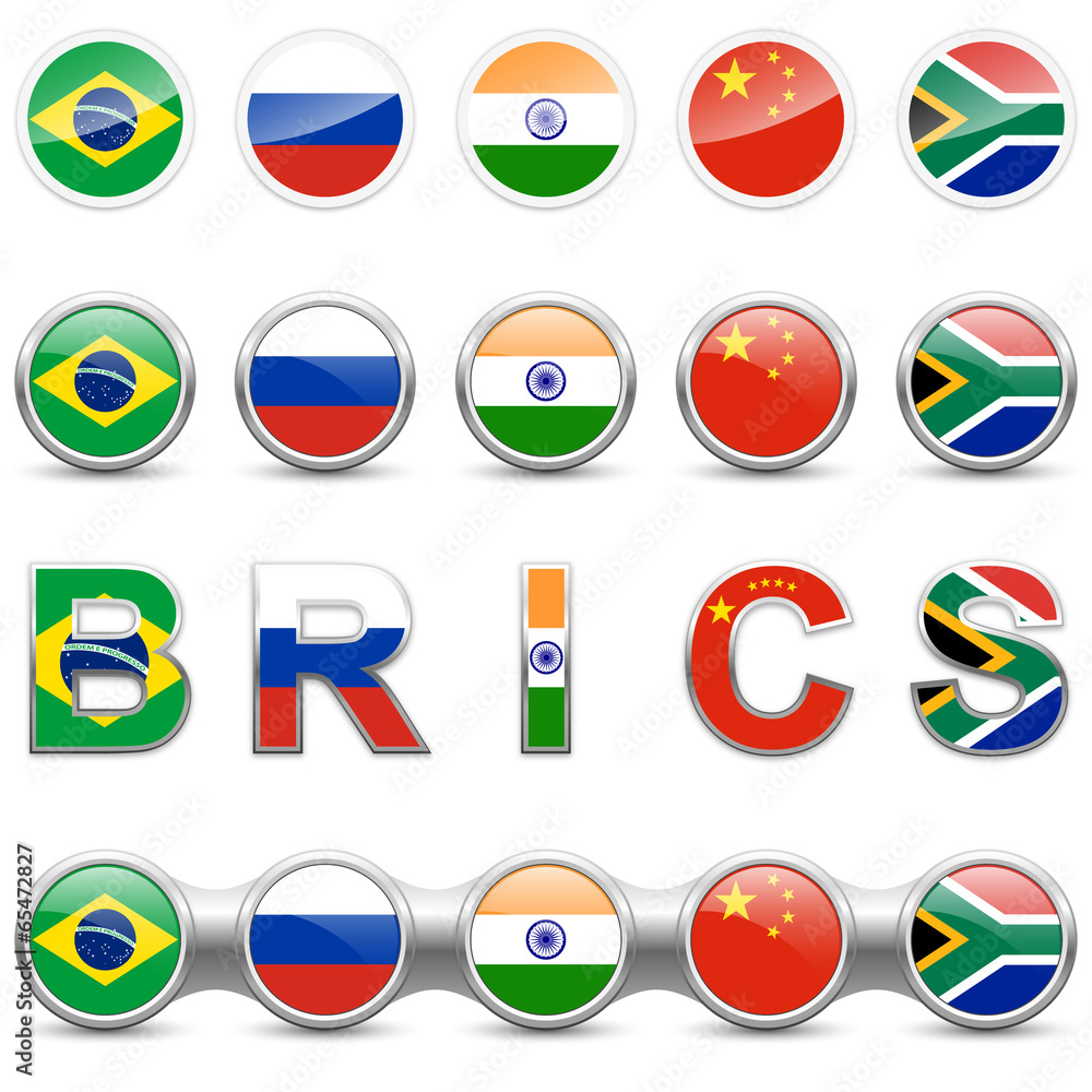 BRICS – Set of icons, metal buttons with national flags Stock Vector ...