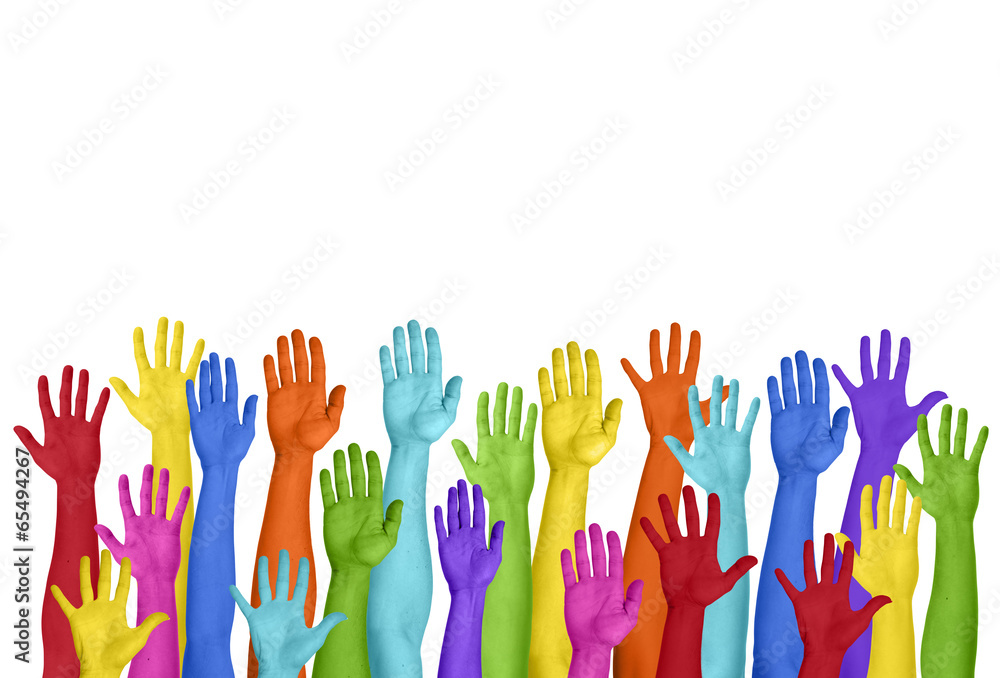 Colorful Hands Raised On White Background Stock Photo | Adobe Stock