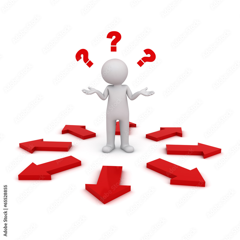 3d man thinking and confusing many arrows showing different ways Stock ...