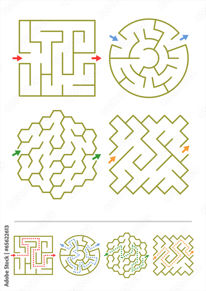 Four maze games with answers Stock Vector | Adobe Stock