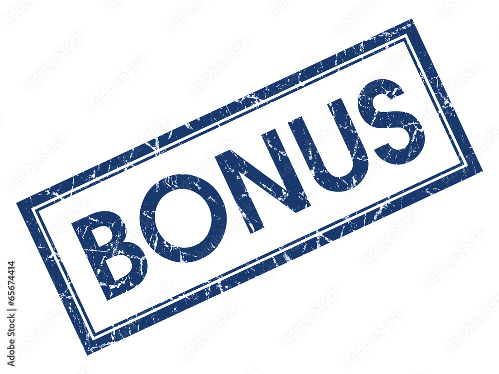 Bonus blue square grungy stamp isolated on white background Stock ...