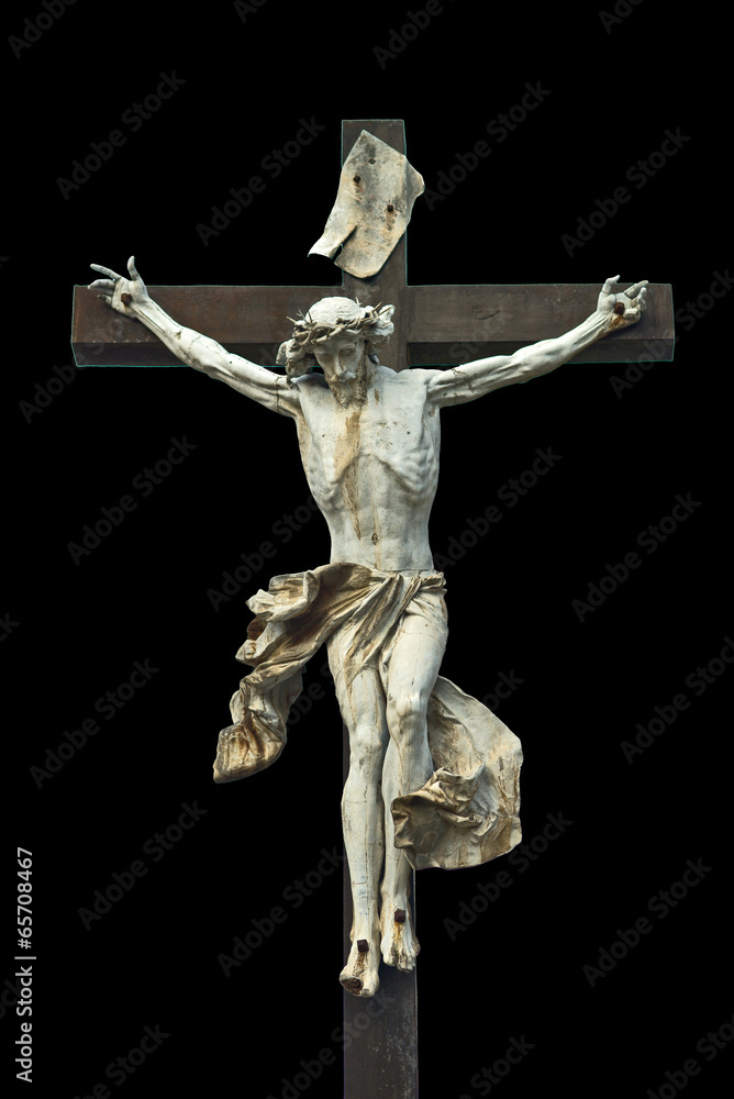 Crucifixion. Christian cross with Jesus Christ statue isolated o Stock Photo | Adobe Stock