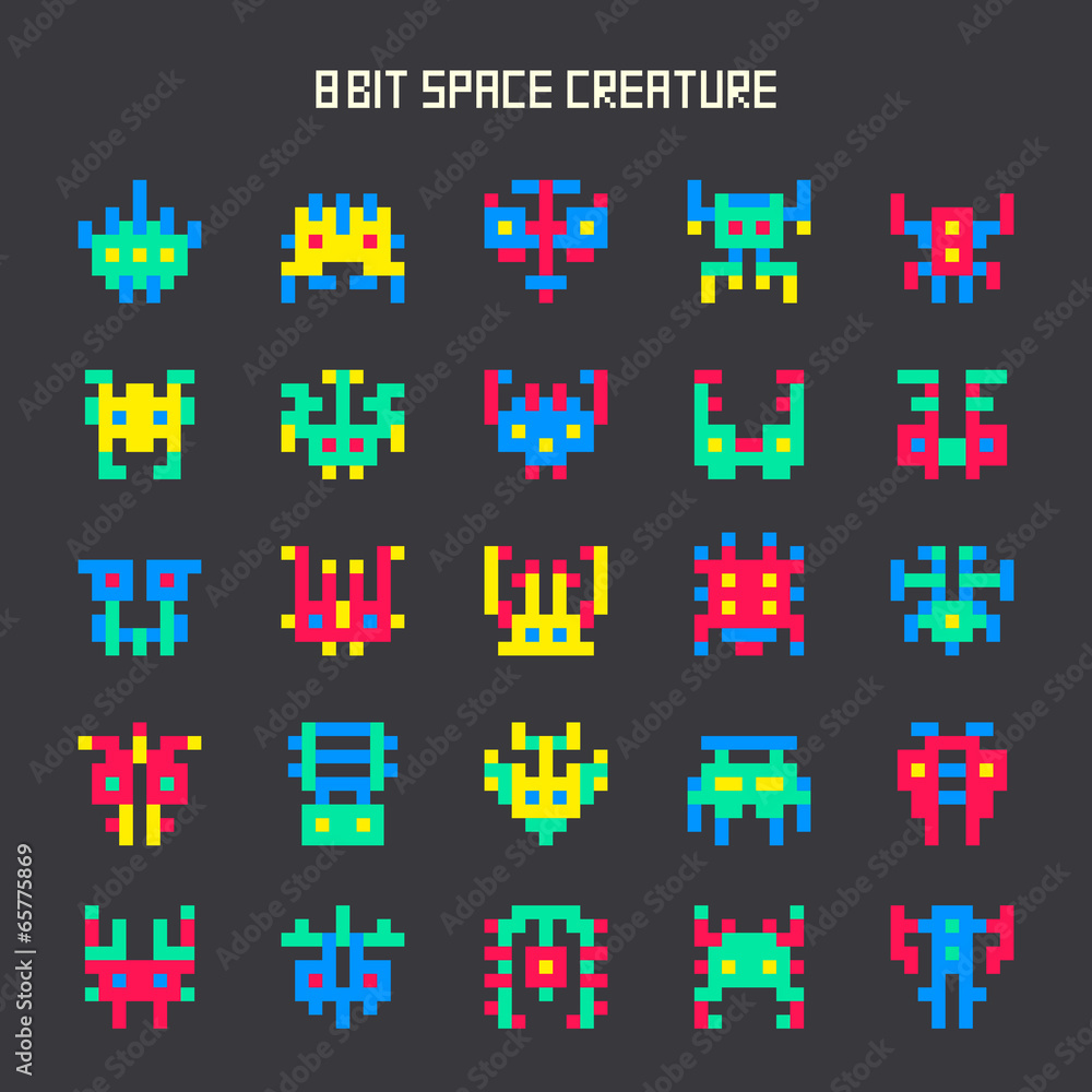 set of 8-bit color space monsters Stock Vector | Adobe Stock