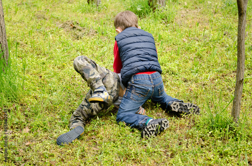Two young boys fighting on the ground Stock Photo | Adobe Stock