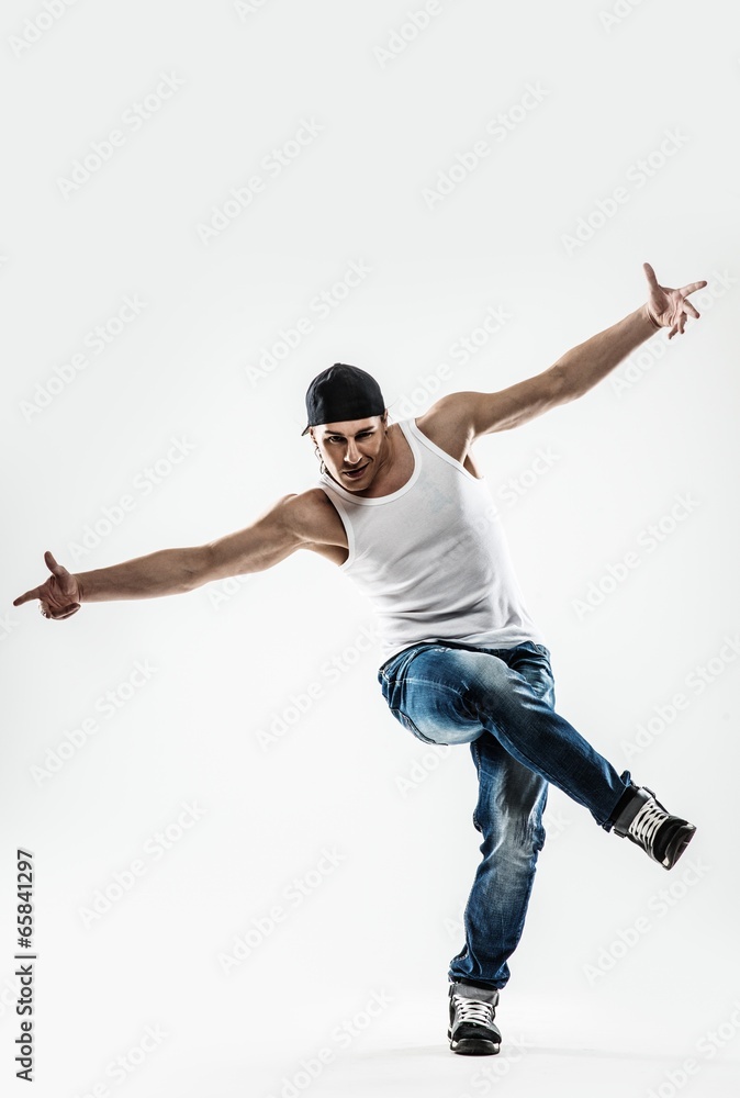 Man dancer showing break-dancing moves isolated on white Stock Photo ...