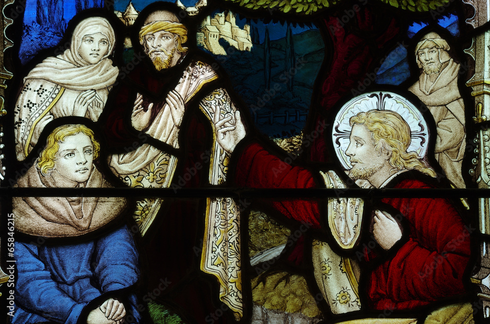 Christ preaching on shores of Lake Galilee. Stained glass. Stock Photo ...