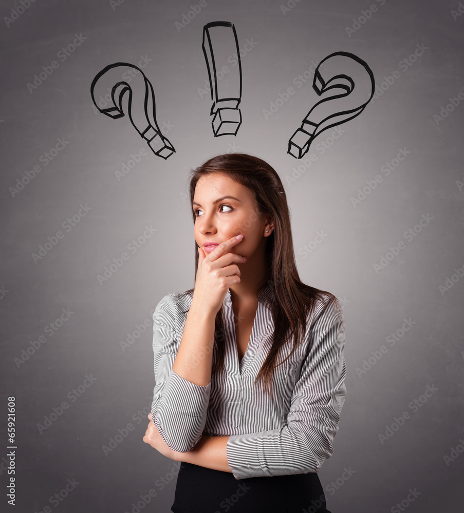 Young lady thinking with question marks overhead Stock Photo | Adobe Stock