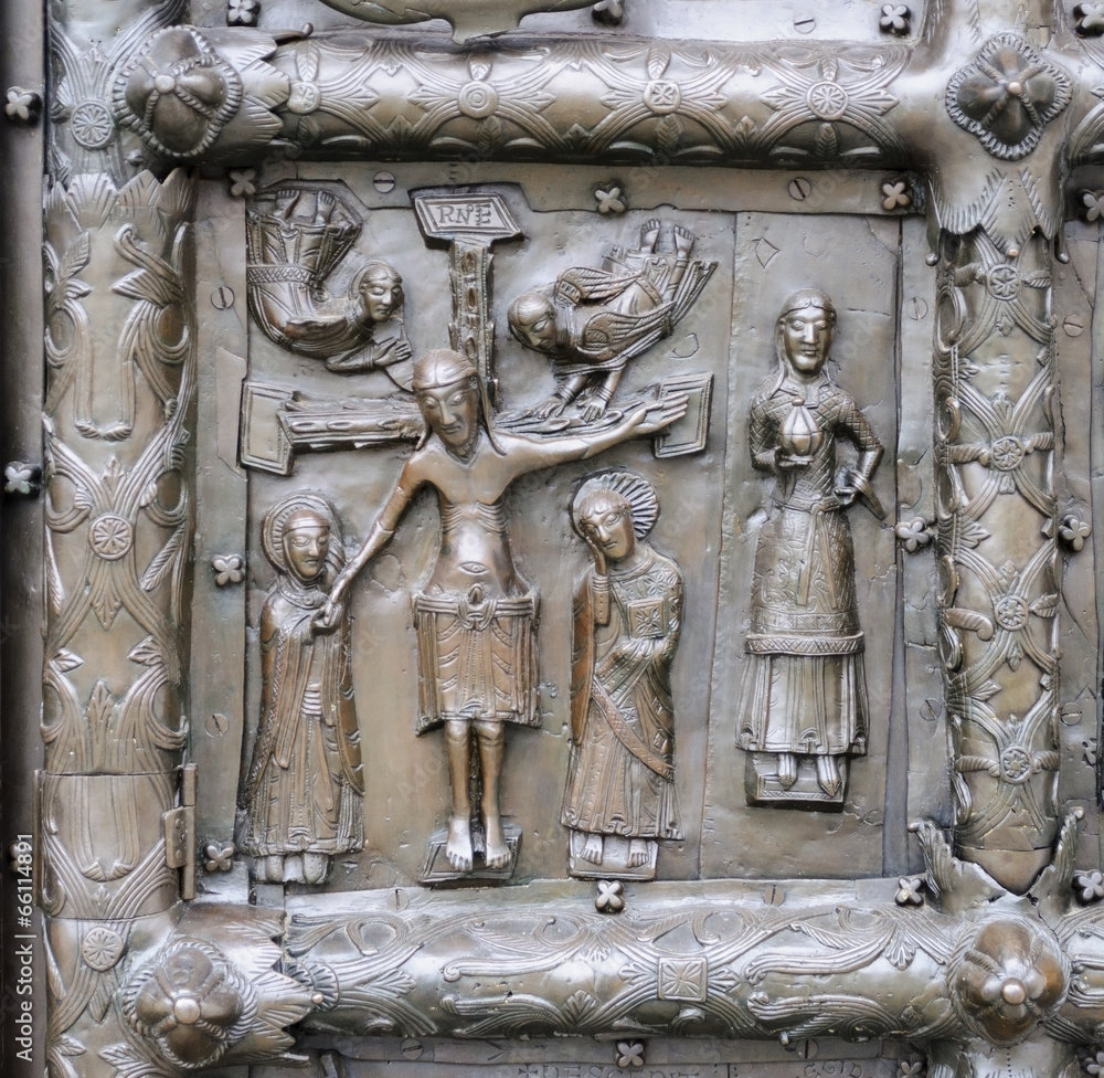 Ancient bronze gates with Jesus Christ crucified on the cross Stock ...