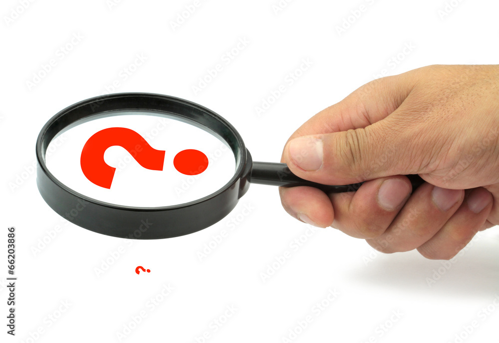 Magnifying glass with small and big question mark on white Stock Photo ...