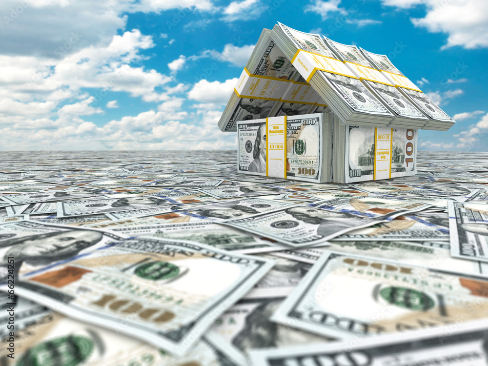 Bank. House from pack of dollar on cloudscape. Stock Illustration ...