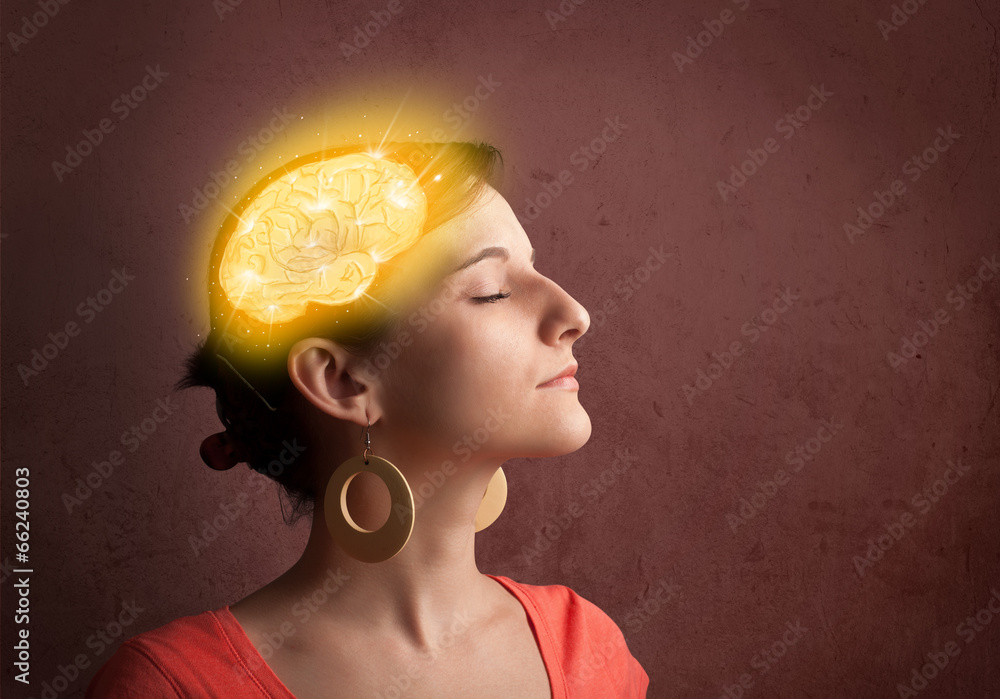 Young girl thinking with glowing brain illustration Stock Photo | Adobe ...