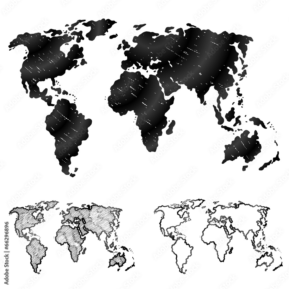 Hand drawn world map in three versions. Sketch of global map Stock ...
