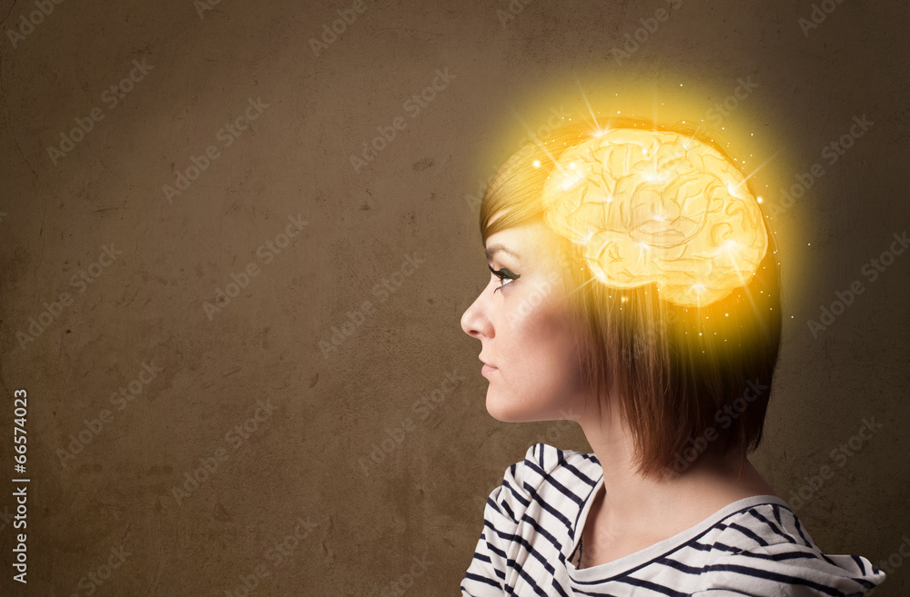 Young girl thinking with glowing brain illustration Stock Photo | Adobe ...