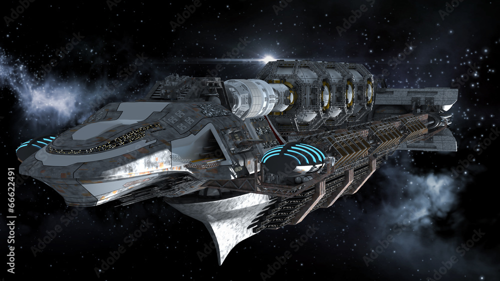 Alien battleship in deep space travel on galactic starfield Stock ...