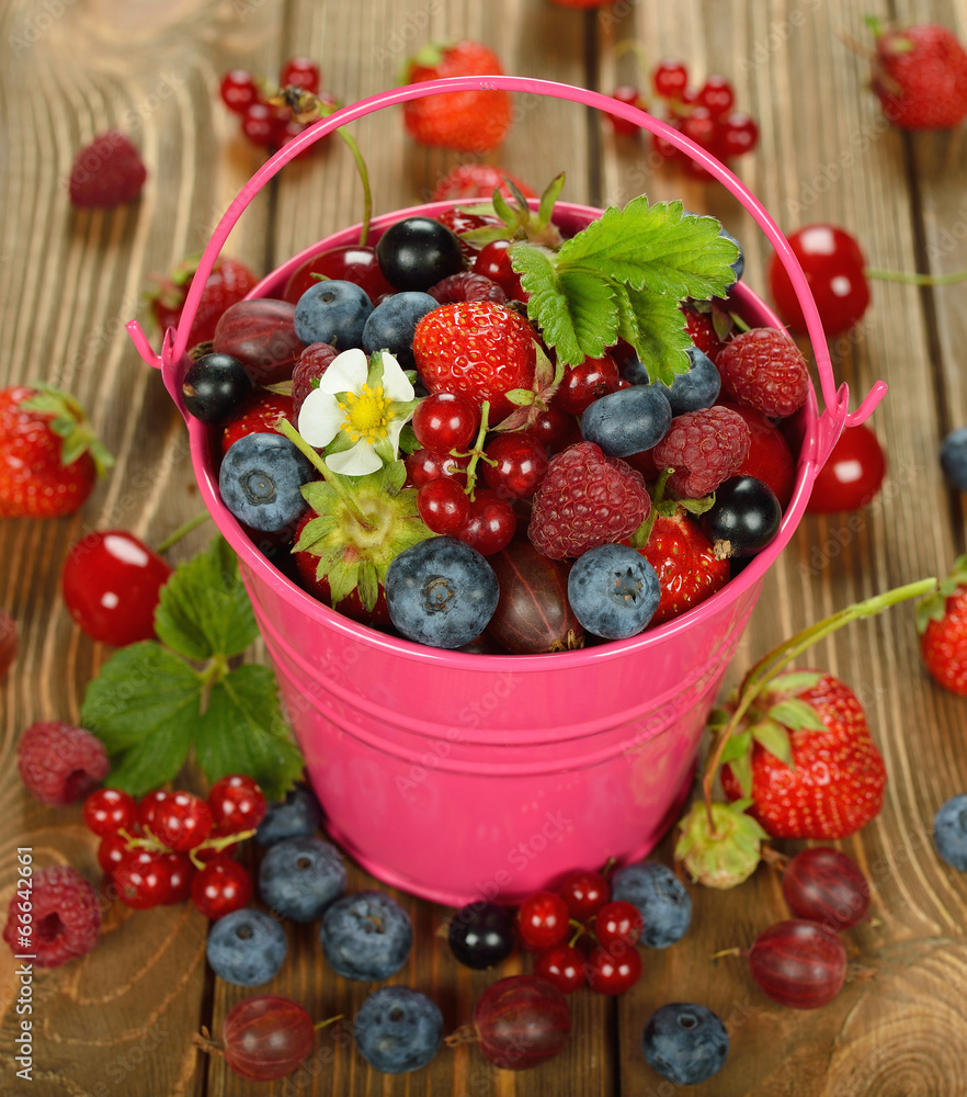 Various berries in a bucket Stock Photo | Adobe Stock