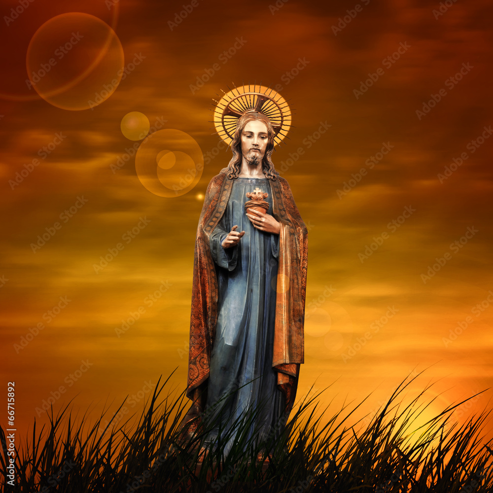 Jesus in a grass and sunset sky background Stock Photo | Adobe Stock