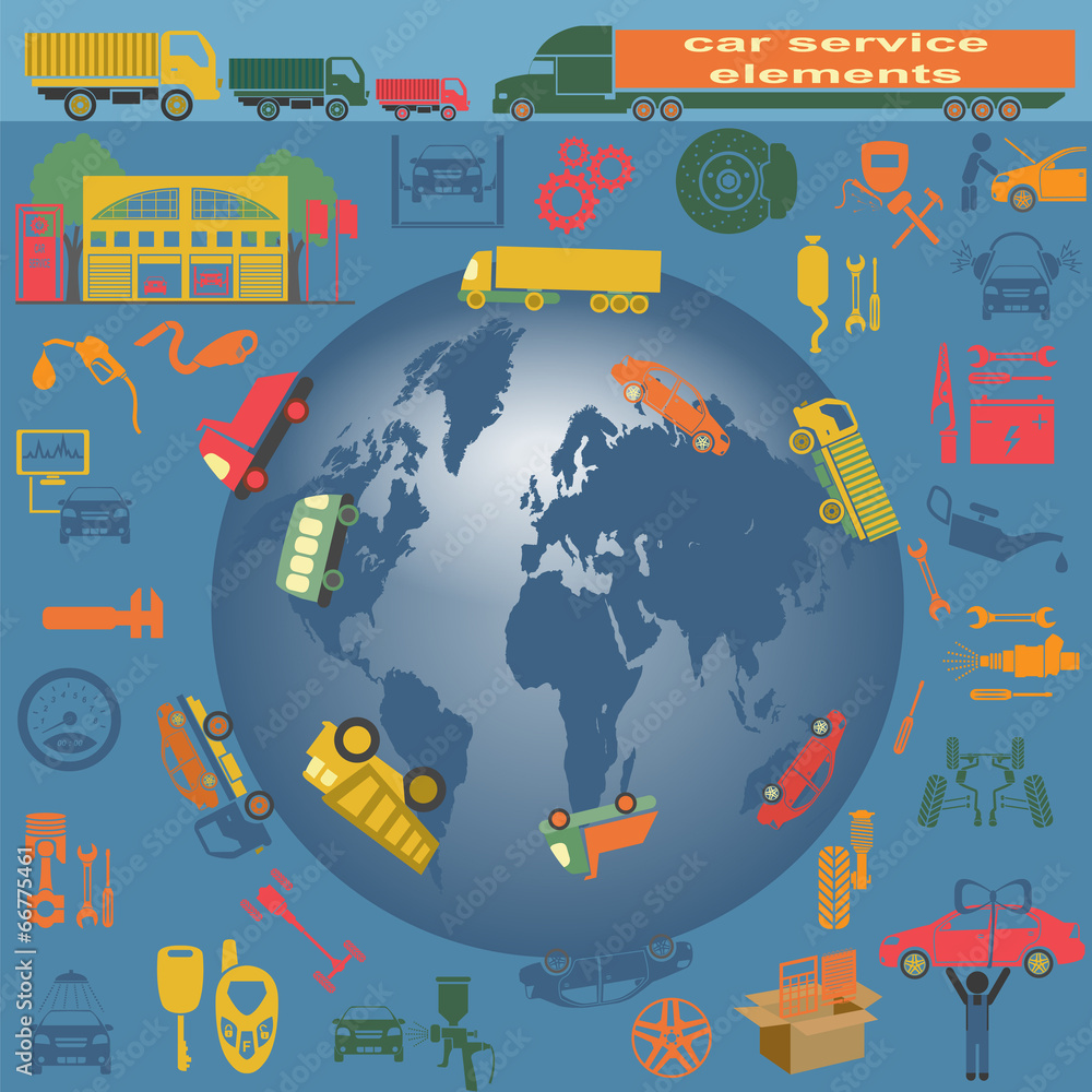 Fototapeta mapa świata dla dzieci Set of auto repair service elements ...