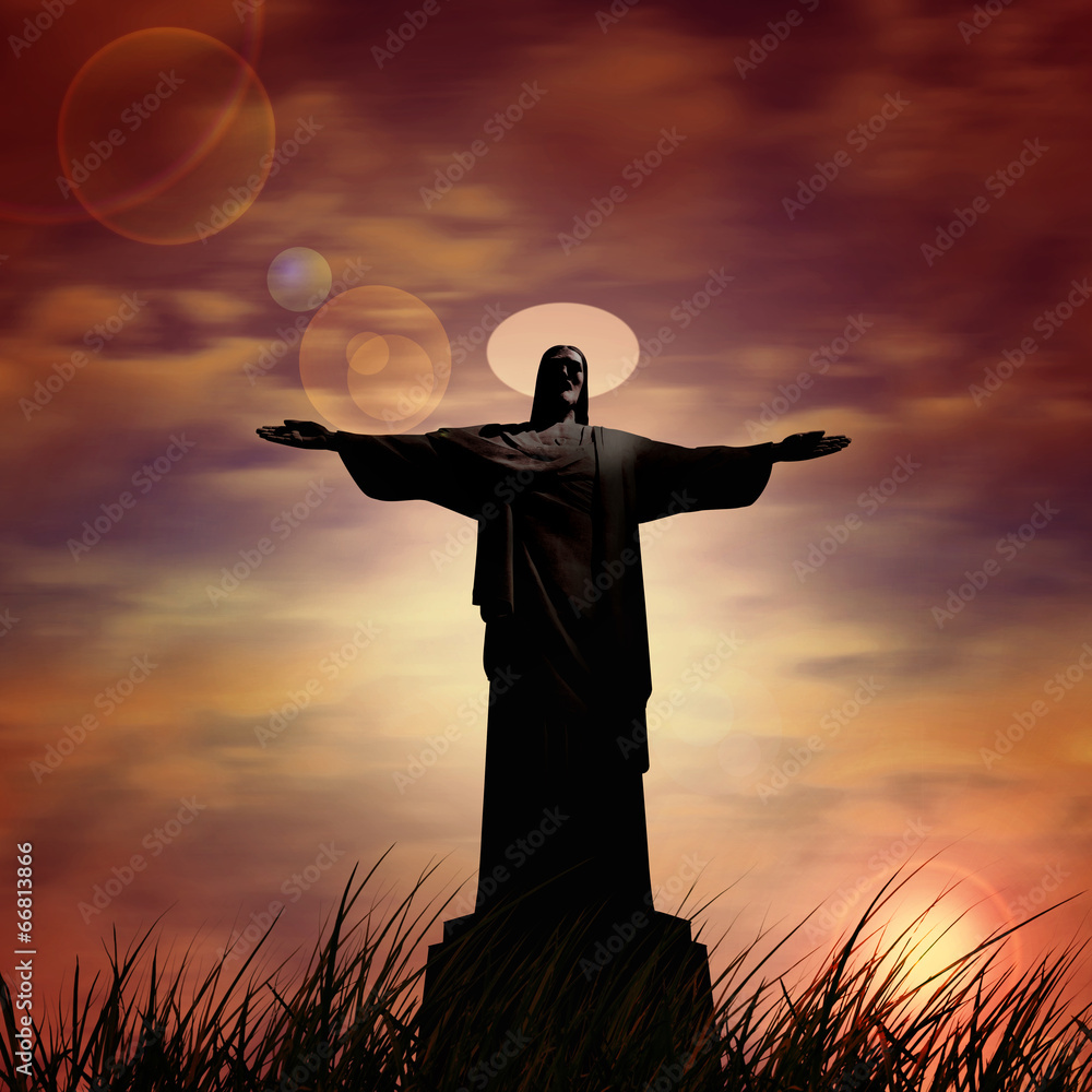 Jesus in a grass and sunset sky background Stock Illustration | Adobe Stock