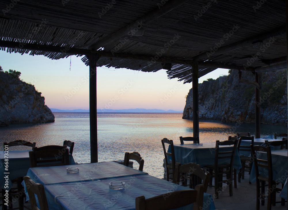 typical tavern on the beach in the Peloponnese Stock Photo | Adobe Stock