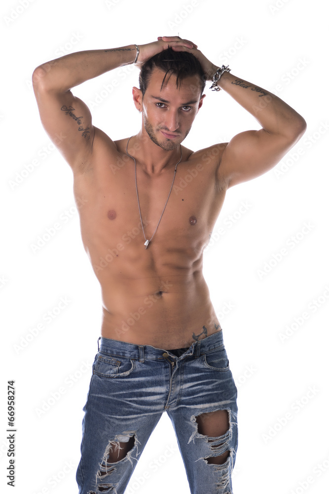 Handsome lean, shirtless man in jeans Stock Photo | Adobe Stock