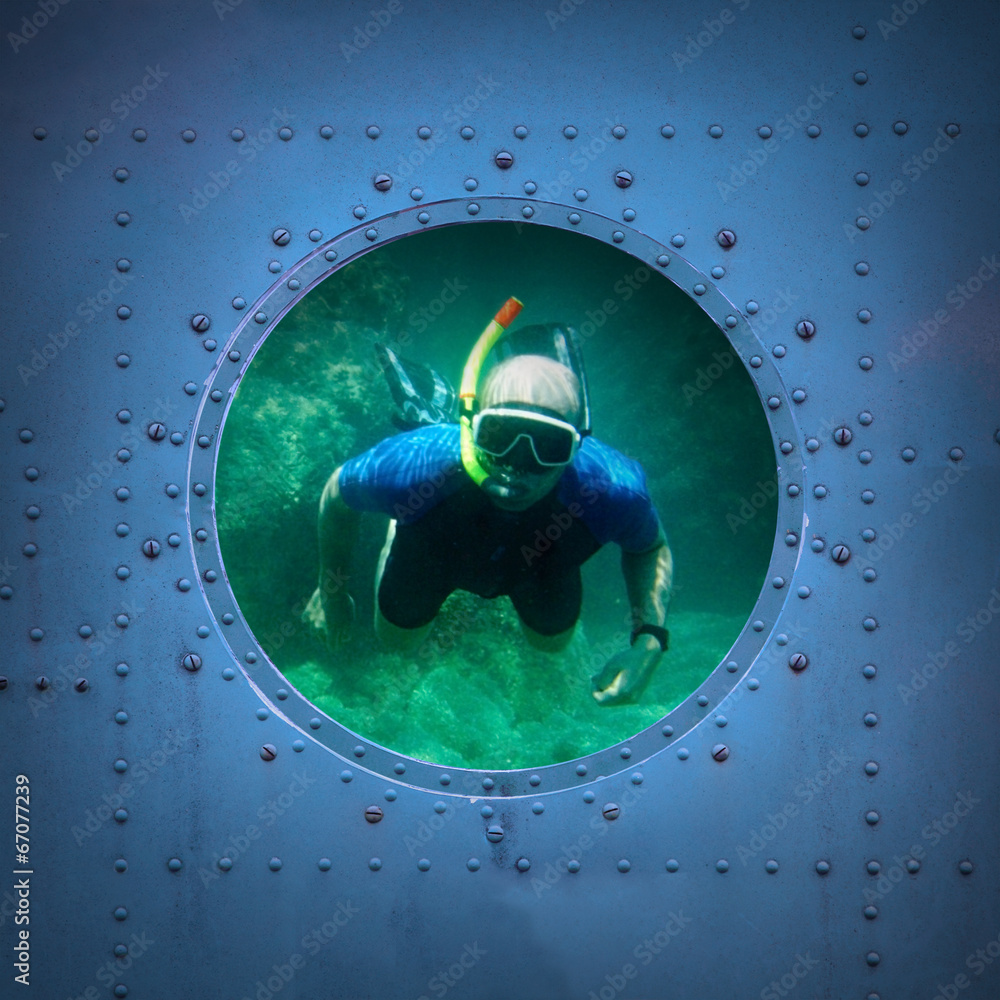 Submarine window with view to sea. Scuba diver on the bottom. Stock ...