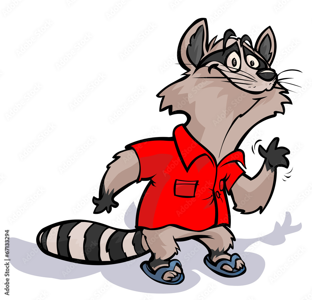 Cartoon raccoon in red shirt waving friendly. Stock Vector | Adobe Stock